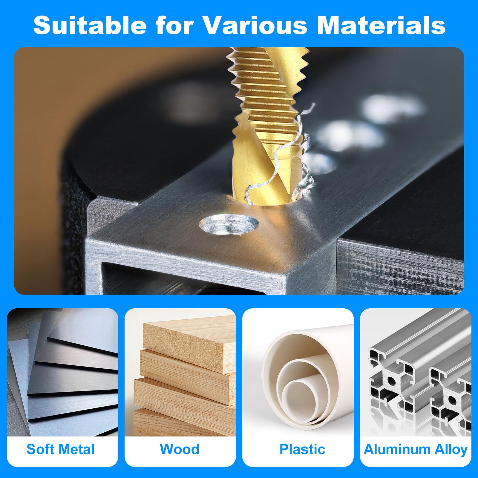 Drill Tap Set, Valkynos 6 Packs Titanium Plated Combination Taps Drill Bit Set, M3 M4 M5 M6 M8 M10 Hex Shank HSS Screw Thread Metric Compound Tap Drill Bits Metal Drilling