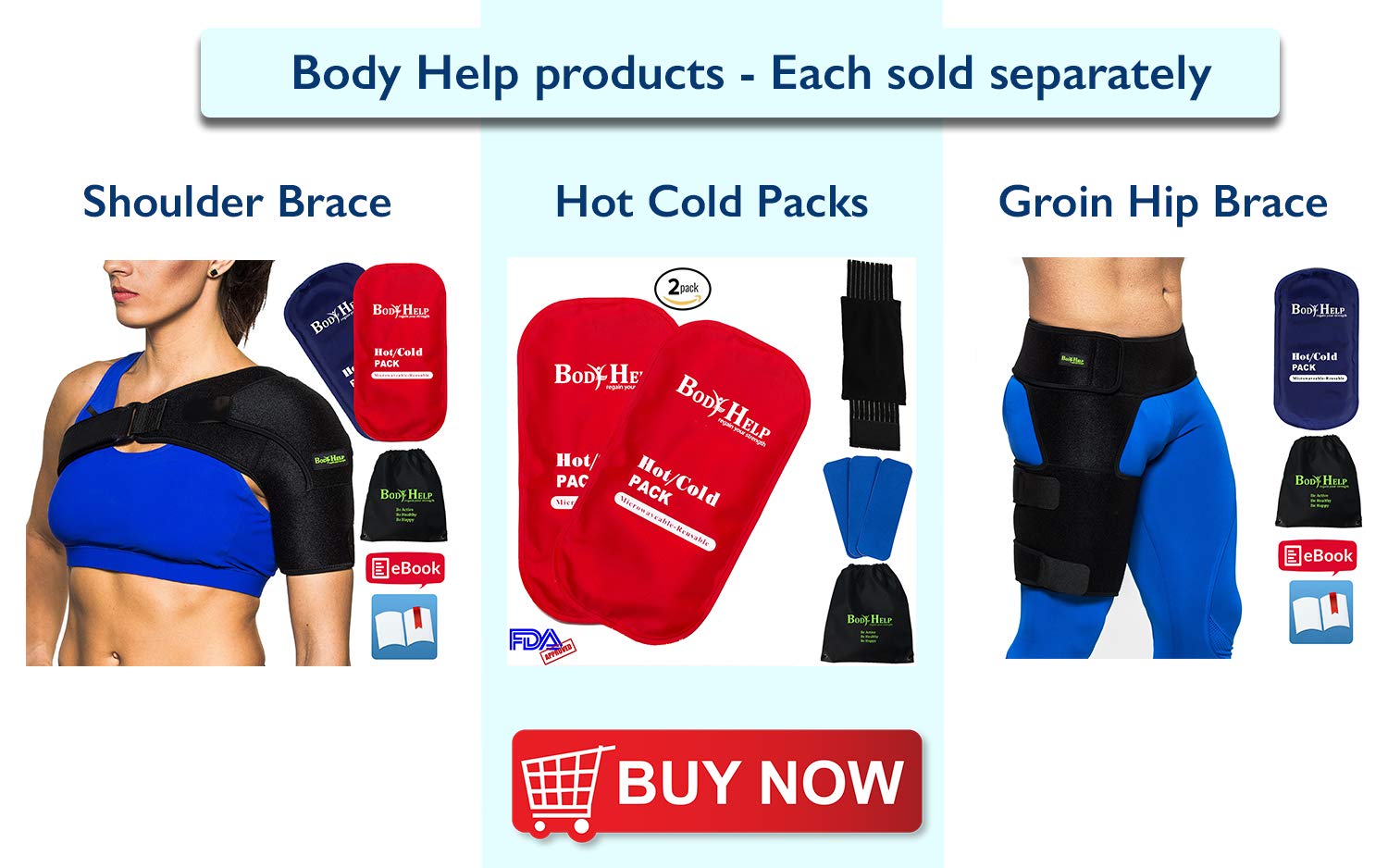 Body Help Shoulder Brace Support for Women&Men with 2 Hot Cold Reusable Packs for Pain Relief - Left/Right Shoulder - Fits Most People - Please Check Sizes