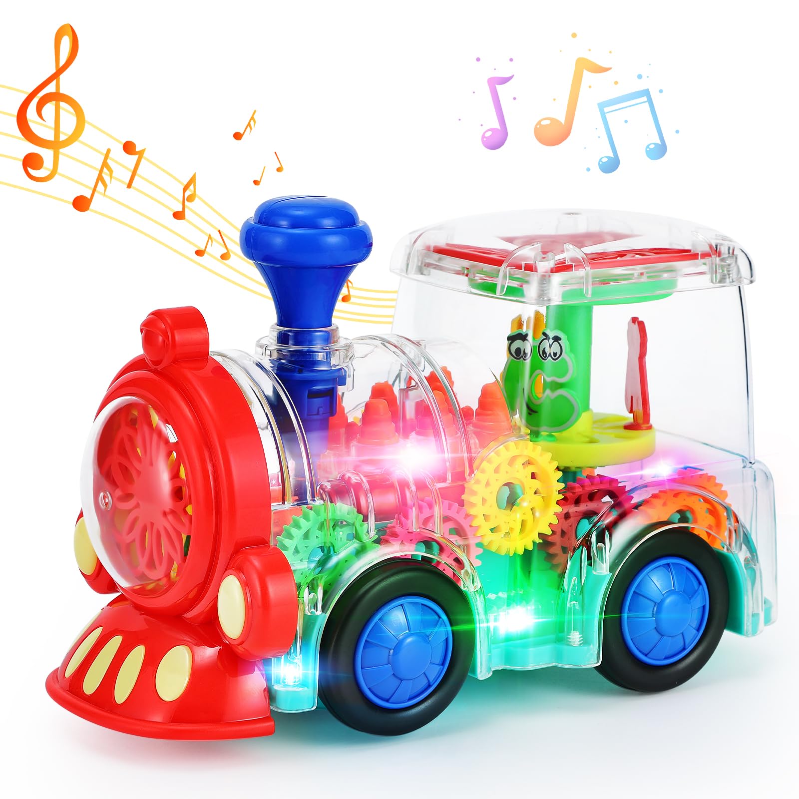 Light Up Train Toys,Fun Electric Transparent Gear Sensory Toy for Kids with Colorful Light Music and Moving Gears,Tummy Time Crawling Baby Toys for Boys Girls