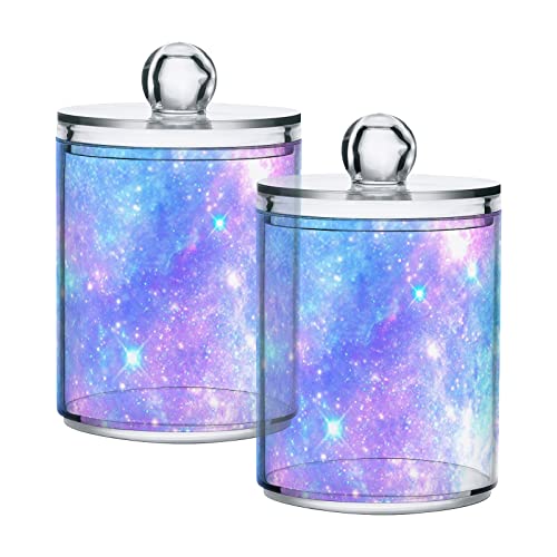 Fustylead 2 Pack Pink and Blue Magical Galaxy Qtip Holder Dispensers, Plastic Apothecary Jar Bathroom Accessories Set for Cotton Ball, Swab, Round Pads, Floss