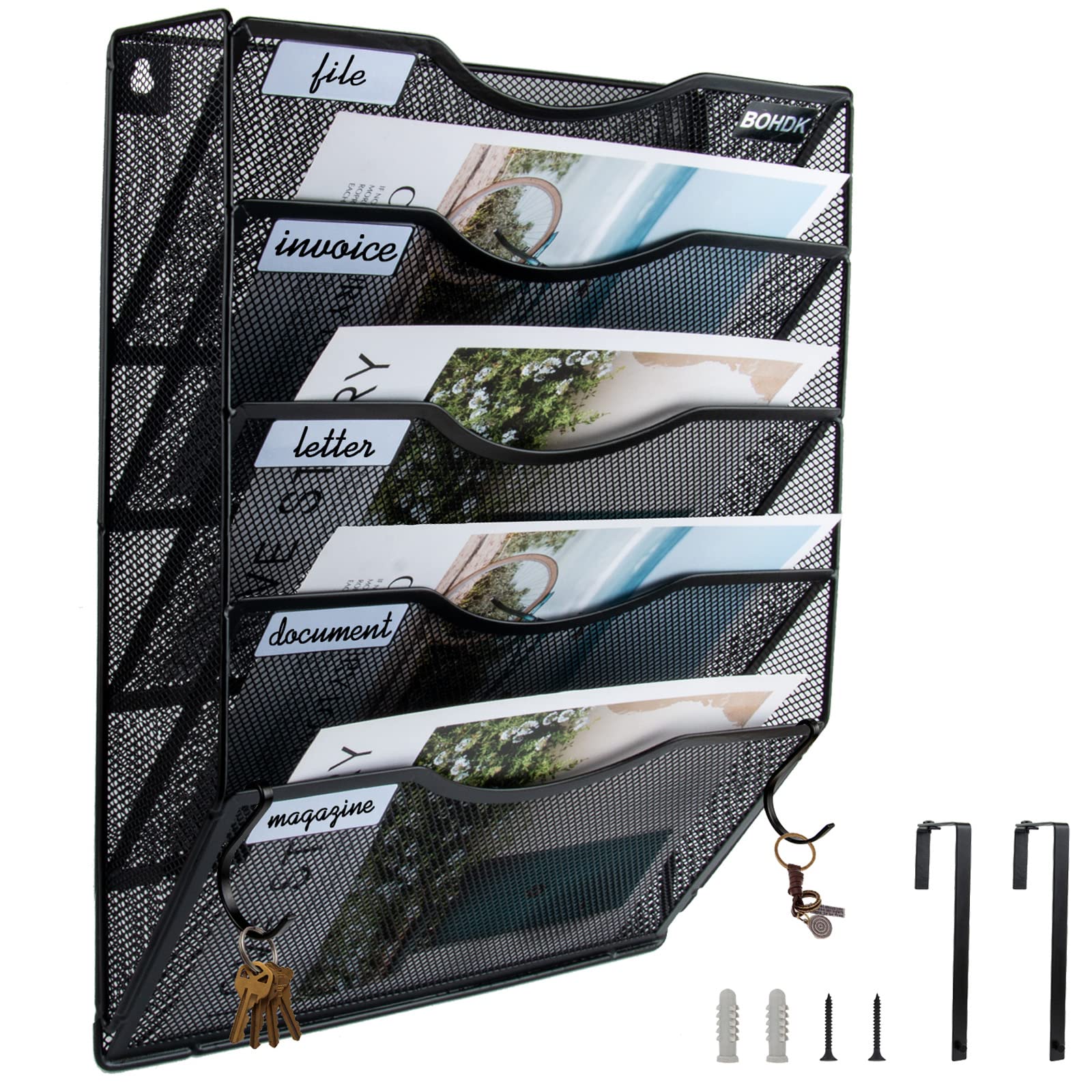 BOHDK Wall File Organizer, 5 Tire Hanging File Folder Organizer, Vertical Mesh Metal Door/Wall Mount Hanging File Holder, Paper Document Magazine Rack with Hooks for Home Office Black