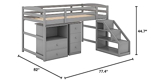 ERDAYE Twin Size Wooden Loft Bed Frame with Multifunctional Movable Built-in Desk, 5 Drawers and Staircase Bring Storage Shelf for Bedroom Guest Room Furniture, Gray