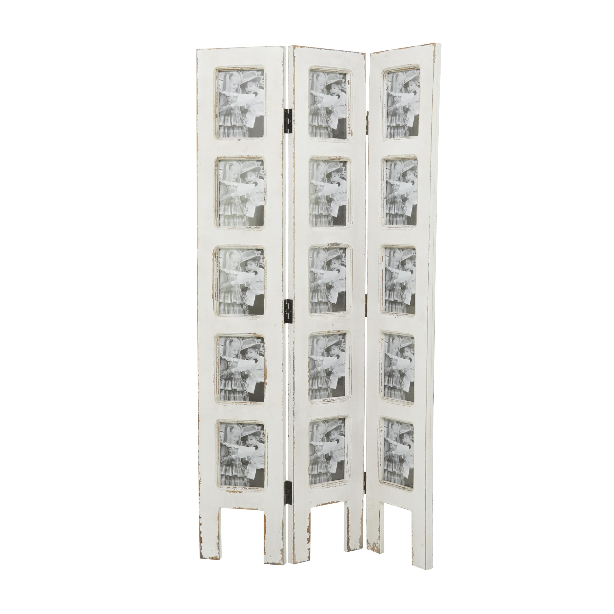 Deco 79 Wooden Partition Room Divider Screen Hinged Foldable Partition 3 Panel Privacy Screen with 15 Photo Slots, Room Partition 27" x 1" x 51", White