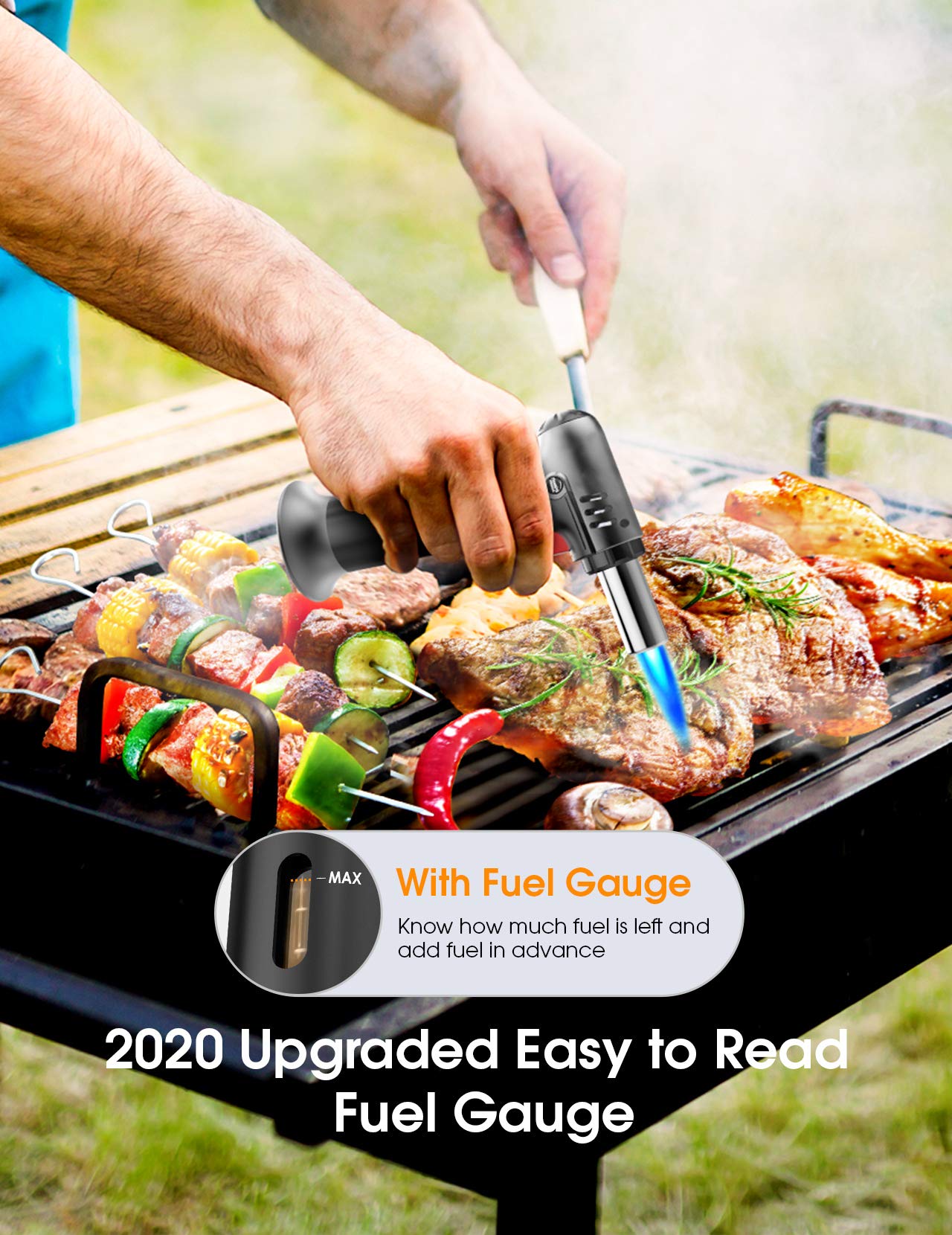 Butane Torch with Fuel Gauge,Homitt Refillable Cooking Torches with One-handed Operation &Safety Lock,Adjustable Flame,Fit All Butane Tanks Kitchen Culinary Butane Torch for Cooking,Baking,BBQ