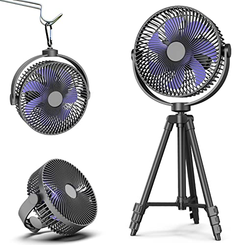 Koonie Standing Fan, 10000mAh Portable Rechargeable 8'' Battery Powered Pedestal Fan with Tent Hook 37Hours Working Time Adjustable Tripod 4 Speeds Fan for Bedroom Travel Fishing Beach Camping