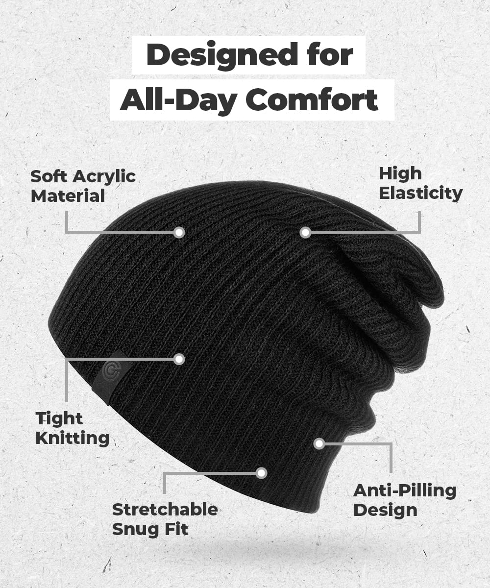 Revony Long Ribbed Beanie - Soft, Warm & Cozy - Perfect Winter Beanie for Men & Women Black