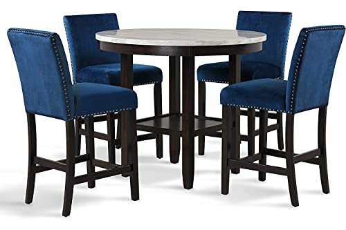 New Classic Furniture Celeste 5-Piece Faux Marble Round Counter Set with 1 Table and 4 Chairs, 42-Inch, Blue