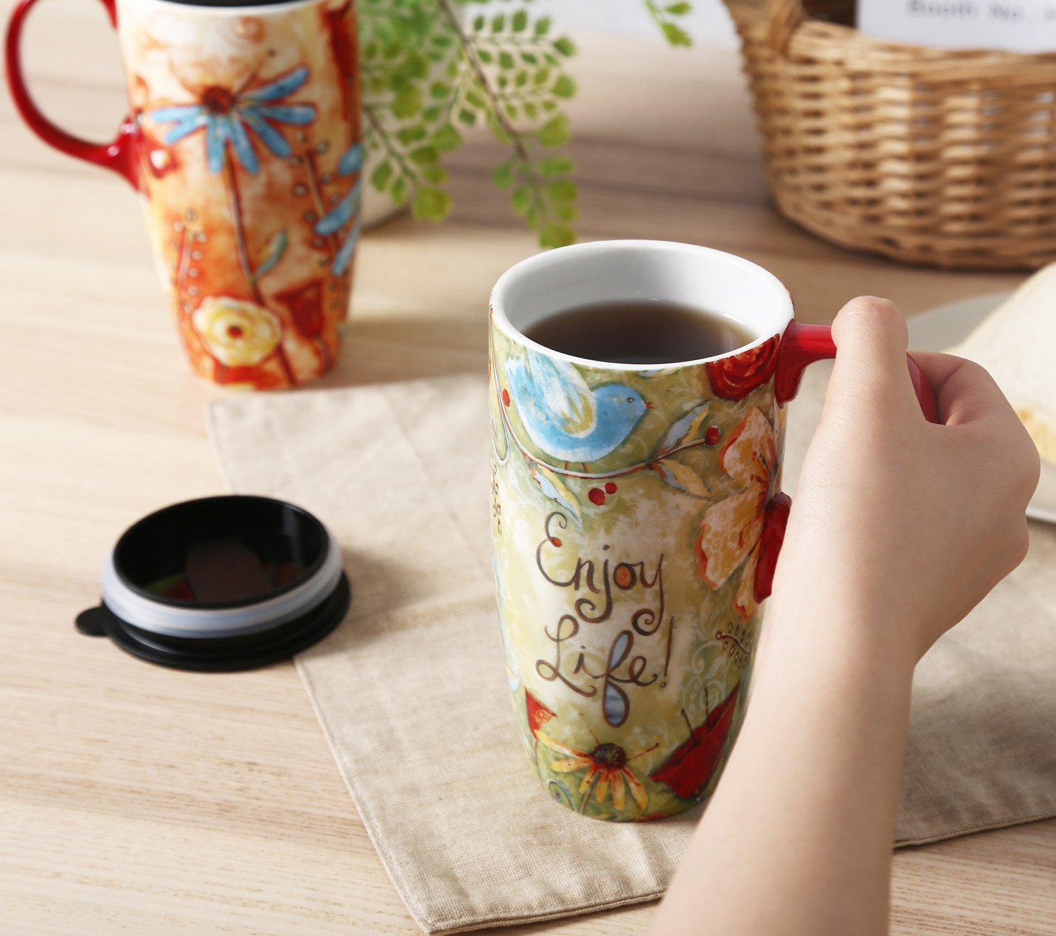 CEDAR HOME Travel Coffee Ceramic Mug Porcelain Latte Tea Cup With Lid in Box 17oz., Flower Enjoy Life, 2 Pack