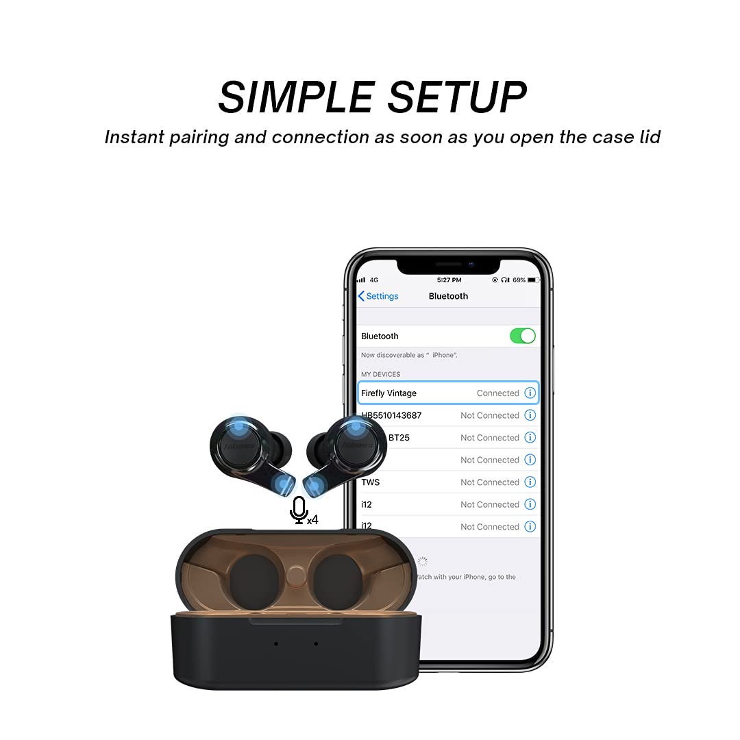 Jabees] Firefly Vintage Bluetooth Wireless Gaming Earbuds - Noise Cancelling Waterproof Headphones with 4 Mic for Call & Music - 40Hr Playtime with Charging Case, Low Latency, aptX, ENC(Black)