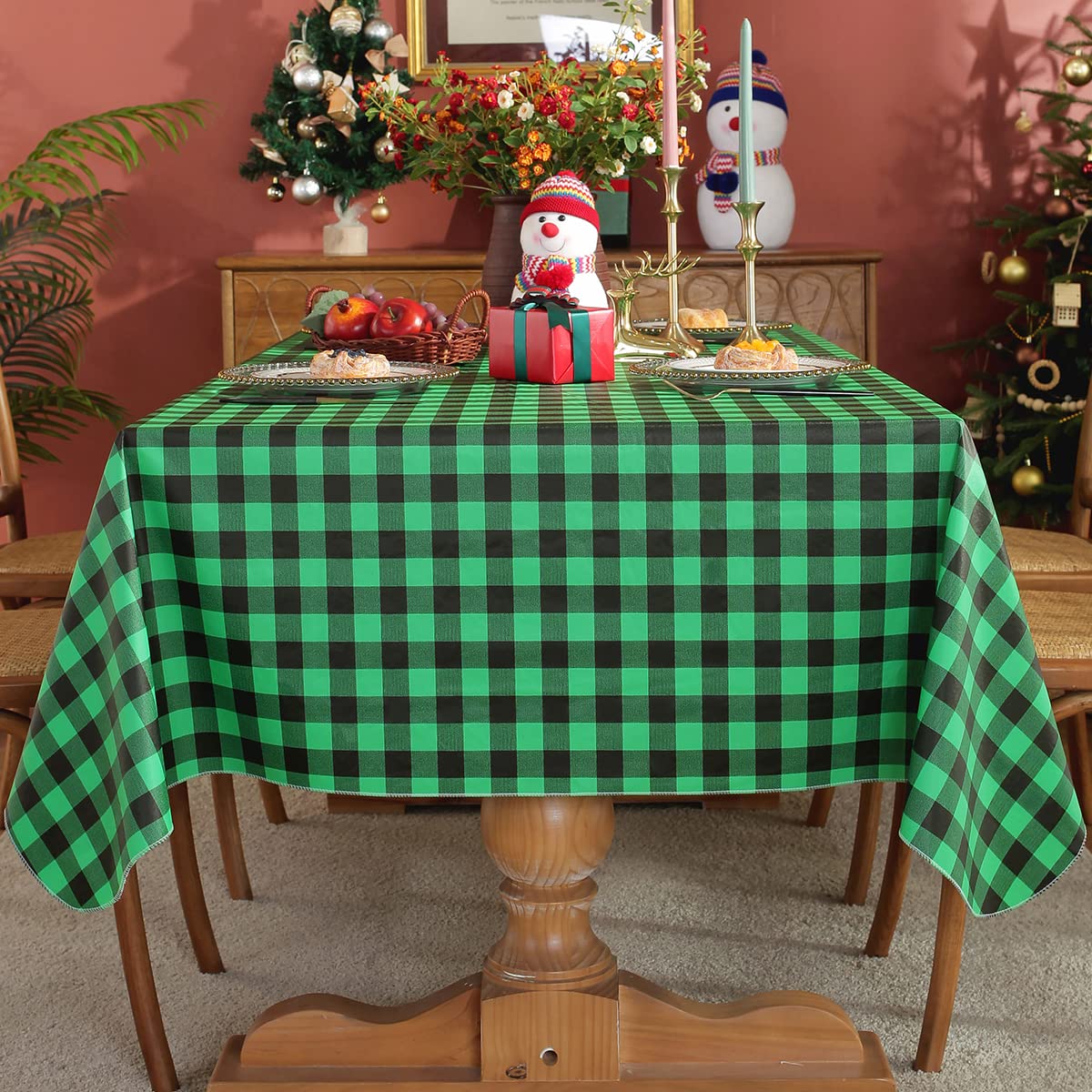 Buffalo Plaid Vinyl Christmas Tablecloth Rectangle 52 x 70 Inch With Flannel Backing, Waterproof & Anti Slip Plastic Tables Cloths, Heavy Duty Table Cover for Winter, Party & Holiday, Green and Black