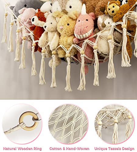 TCGPRO Stuffed Animal Storage - Stuffed Animal Hammock or Net Corner, Boho Stuffed Animal Holder with Tassels, Macrame Hanging Toy Organizer Ideas for Plush Display, Kids Room Bedroom Decor