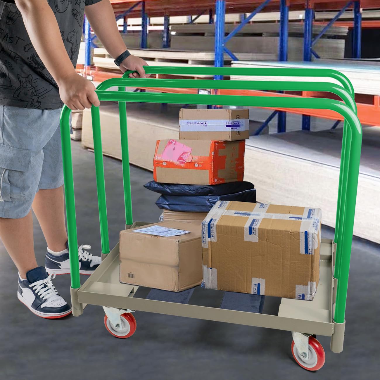 biosp 1000 lbs Capacity Steel Panel Truck Cart with Swivel Casters, Wood End, 3 Side Handrails, 24" Width x 36" Length