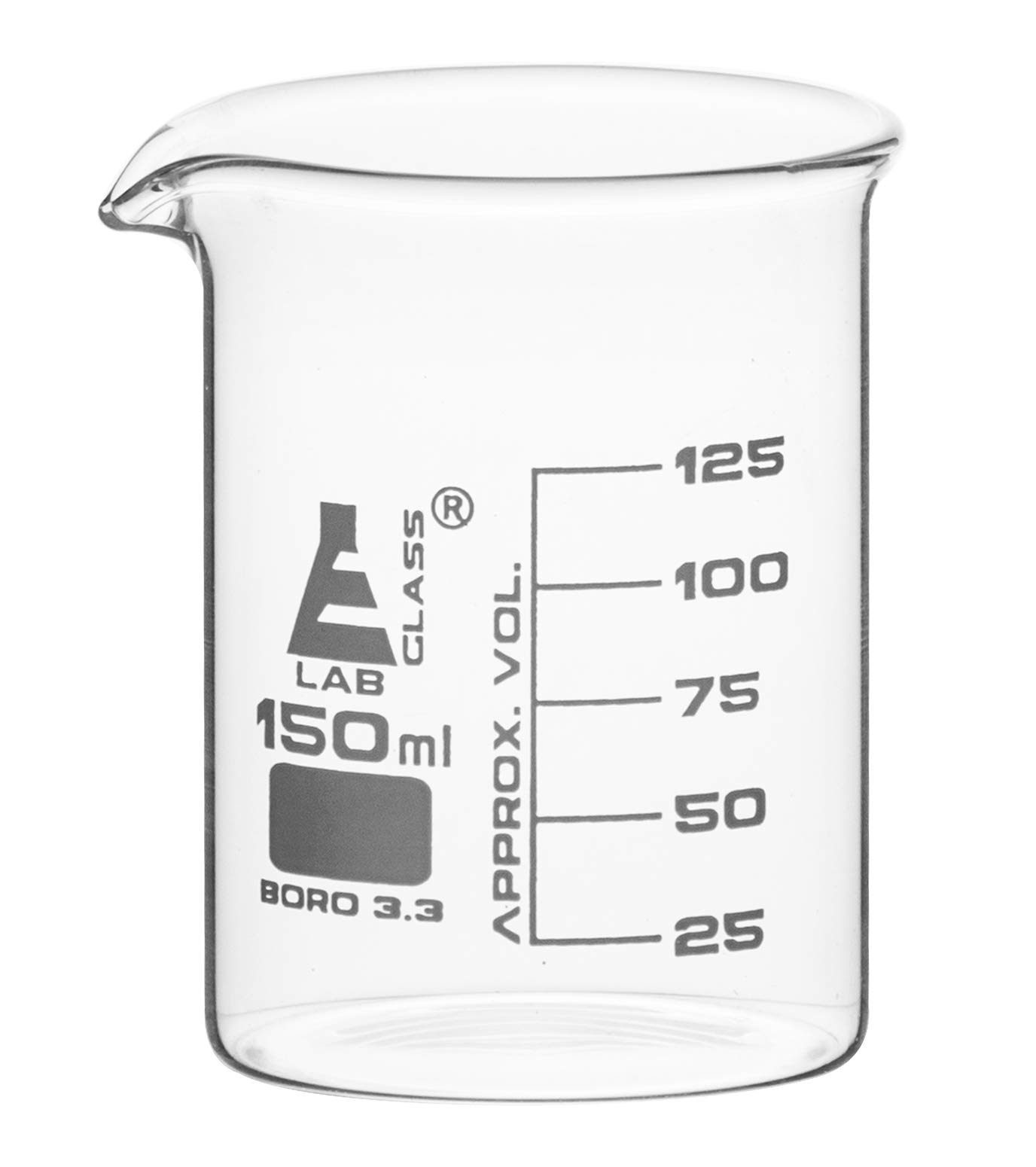 EISCO Beaker, 150ml - Griffin Style, Low Form with Spout - White, 25ml Graduations - Borosilicate 3.3 Glass