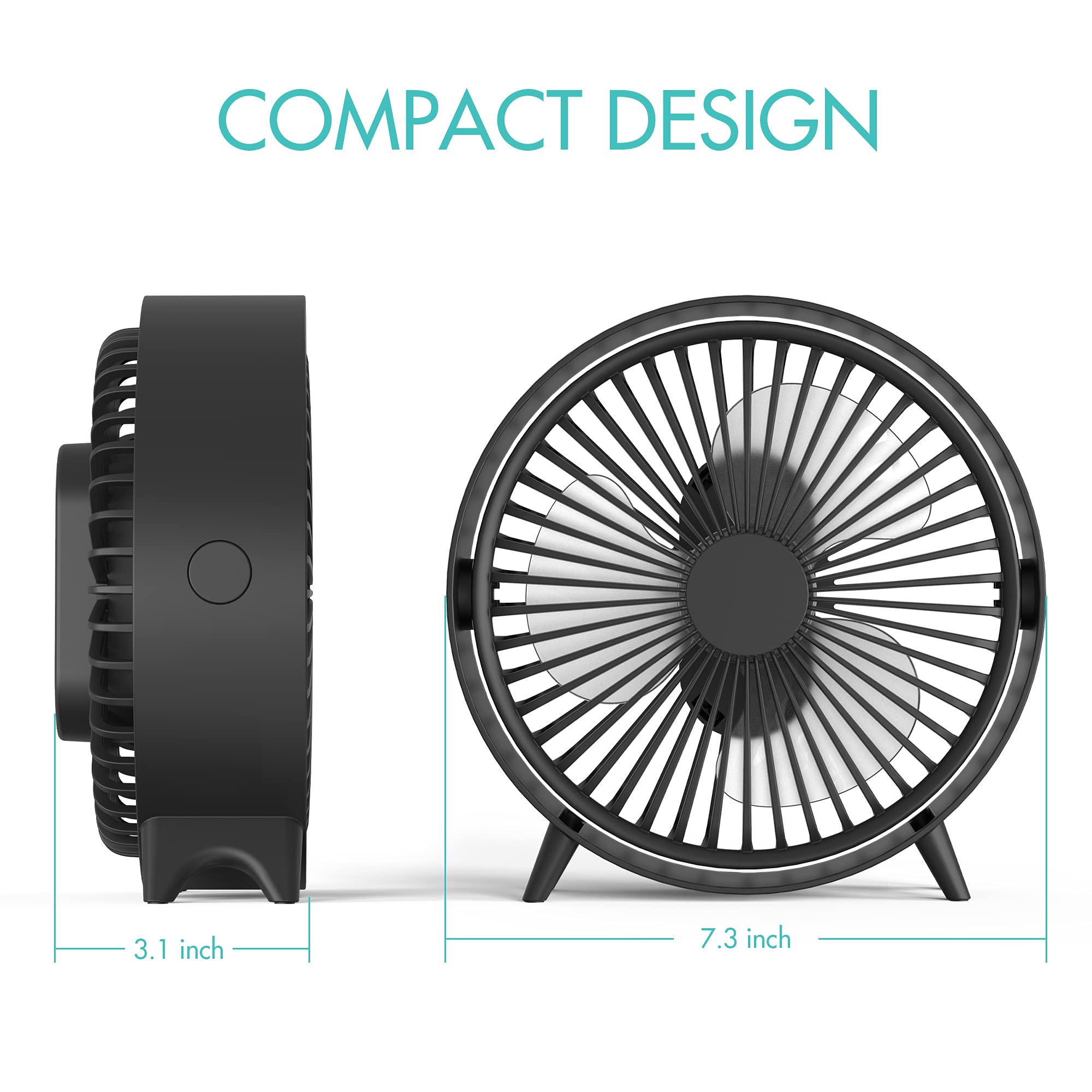 PFLANZENHAU 7.3 Inch USB Desk Fan, 360° Pivot, 3 Speeds, Quiet but Powerful, Portable Personal Table Fan for Better Cooling for Home Office Dorm Outdoor
