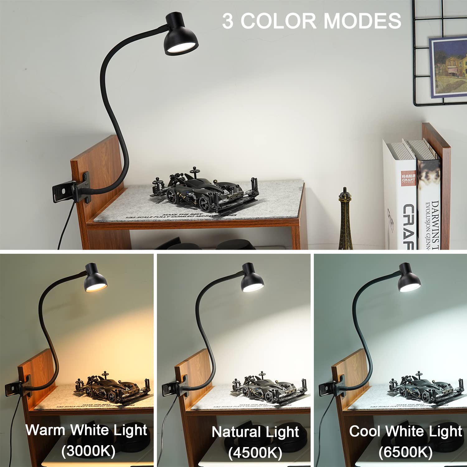 BOHON Clamp Lamp Clip on Light Reading Lights Eye-Caring 3 Color Modes 10 Brightness Dimmer USB Study Book LED Desk Lamp 360° Flexible Gooseneck Night Light for Headboard Bedroom