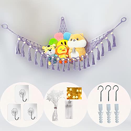 SOTHO Stuffed Animal Net or Hammock with LED Light,Hanging Corner Net for Stuffed Animals Storage Purple Color, Stuffed Animal Hammock Holder with Hooks for Hanging, Toy Organizer for Bedroom Nursery