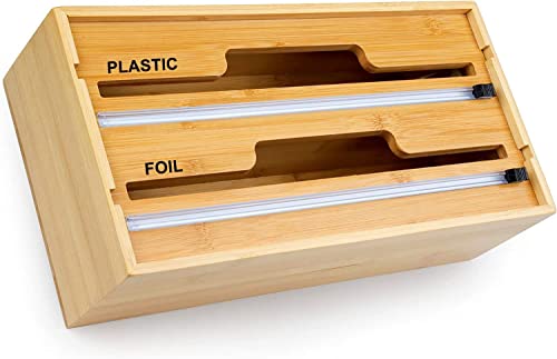 CTSZOOM 2 in 1 Wrap Dispenser with Cutter and Labels, Plastic Wrap, Aluminum Foil and Wax Paper Dispenser for Kitchen Drawer, Bamboo Roll Organizer Holder, Compatible with 12" Roll