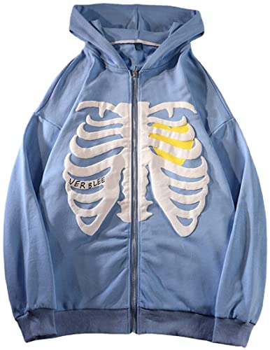 EMILYLE Women Oversized Zip Up Hoodie Fashion Long Sleeve Graphic Skeleton Sweatshirt Cool Outwear(blue-1,L)