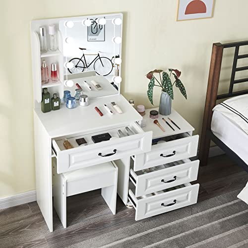 JBLCC Makeup Vanity Table with Lighted Mirror,Makeup Vanity with Power Outlet and Drawers, Storage Shelves, Vanity Desk for Woman Girls, White (5951USB)