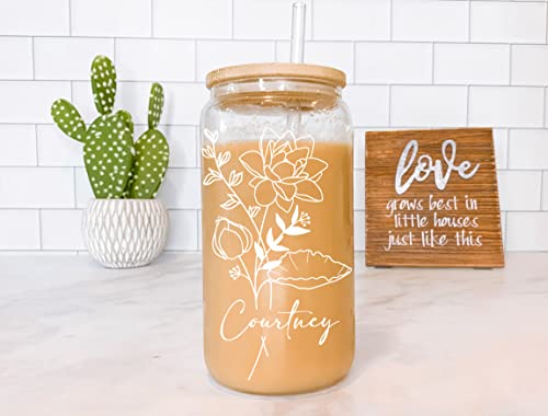 Personalized Name Glass Cup with Birth Flower, Custom Ice Coffee Bridesmaid Gift for Her, Friend, Birthday, Bachelorette Party, Customized Aesthetic Boho Floral Beer Can Tumbler Bamboo Lid Straw