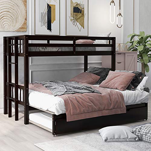 EMKK Twin Over Pull-Out Queen Full Bunk Bed with Trundle, Solid Wood BunkBed Frame with Ladder, Extendable Bunkbeds with Safety Rail for Kids Adults Teens, Espresso