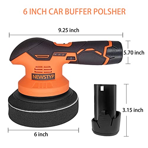 NEWSTYP 6 Inch Cordless Car Buffer Polisher with 2Pcs 12V 2.0Ah Rechargeable Battery, 6 Variable Speed, 5000RPM, Wireless Buffer Polisher Kit for Waxing/Car Detailing/Car Scratch Repairing/Sander