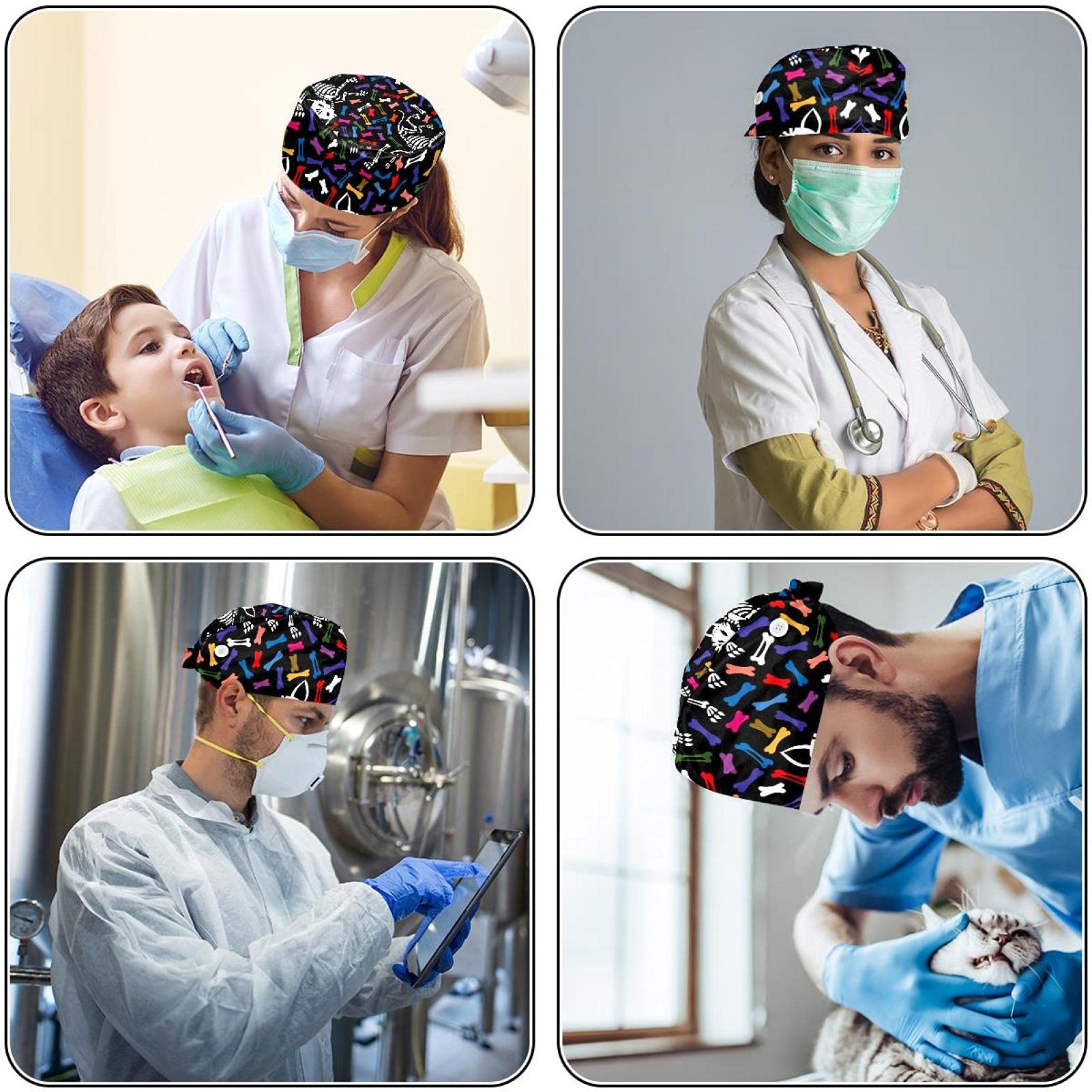 BeCrazier 2 Packs Funny Cats Skull Colorful Bones Working Cap with Buttons Sweatband Adjustable Hats Tie Back Hats Headwear for Women Men, Multicoloured, Multicoloured 13, Medium-Large