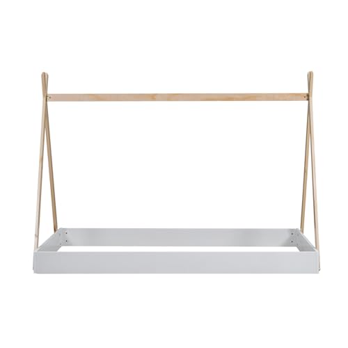 CABSETT Teepee Bed Frame for Kids, Twin Size Tent Floor Bed with Triangle Structure, Floor Platform Bed with X-Shaped Safety Railings, White+Natural