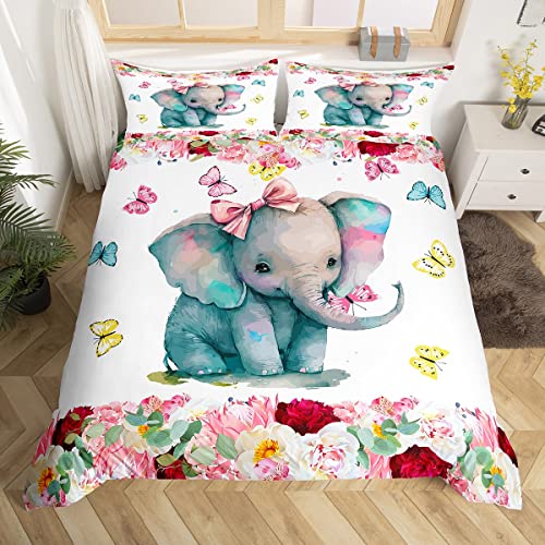 Erosebridal Girls Elephant Comforter Cover Cute Animal Duvet Cover Full Size for Kids Toddlers Boys Bedroom Decor, Floral Butterfly Bedding Set Kawaii Elephant Bed Cover with 4 Corner Ties, Colorful