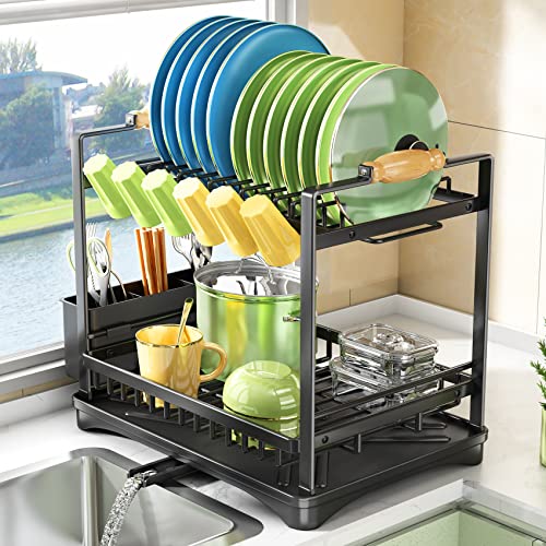 Dish Drying Rack for Kitchen Counter - 2 Tier Dish Rack with Drainboard, Stainless Steel Large Dish Drainers, Black