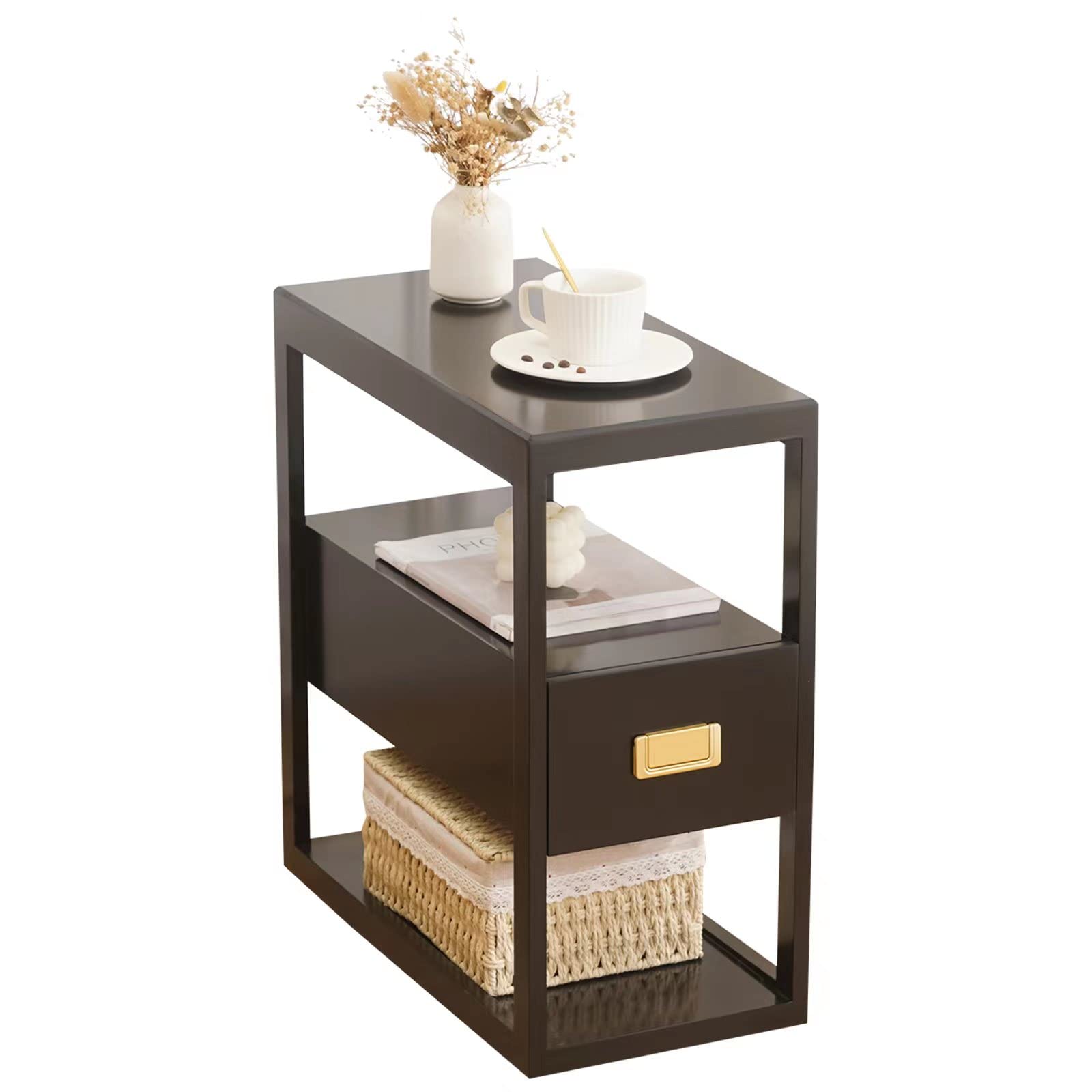 BECTSBEFF Fully Assembled Narrow Side Table, No Assembly Narrow End Table with Drawer for Living Room, Pre-Assembled Nightstand with Shelf for Bedroom-Black