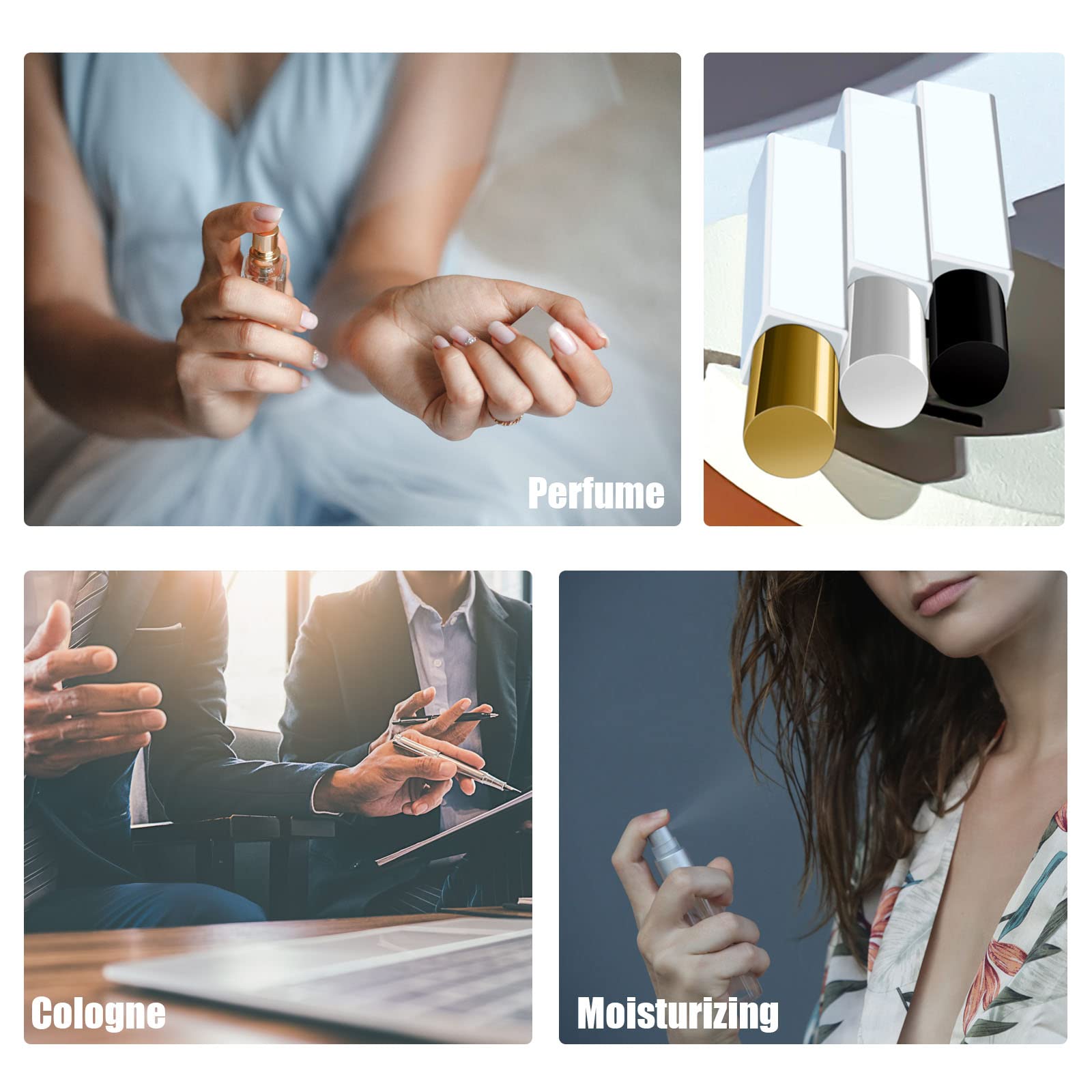 Lil Ray 10ml Glass Spray Bottle Refillable Perfume Atomizer for Men & Women. Portable Fragrance Bottle for Travel,Party. Squared Shape, Coated Surface, UV Protection (6PCS,Black&Gold)