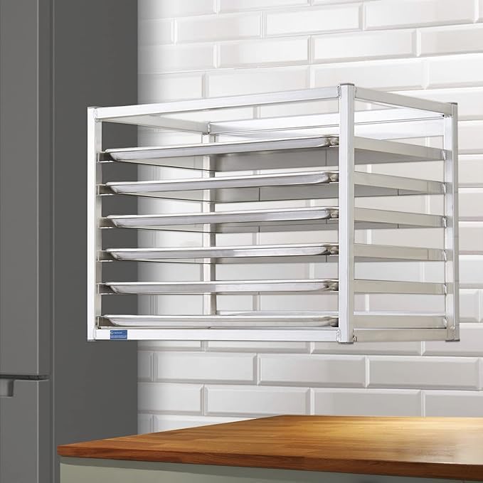 Express KitchQuip 28" x 18" x 21" Aluminum Wall Mounted Sheet/Bun Pan Rack | Fits 6 Full-Size Sheet Pans | Commercial-Grade Perfect for Bakeries, Restaurants, and Catering Kitchens | NSF Certified |