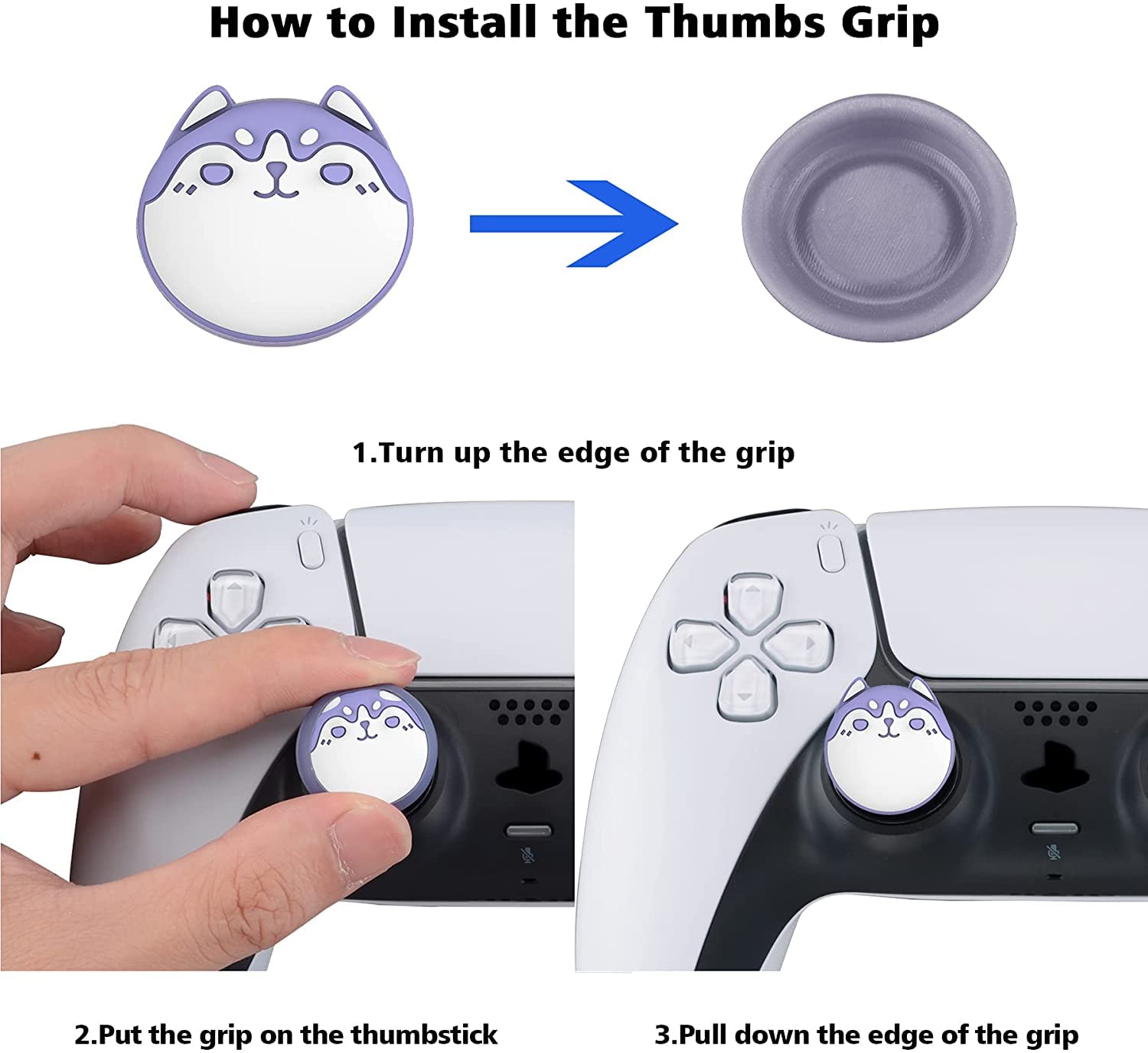 PlayVital Husky & Kitty Cute Thumb Grip Caps for PS5/4 Controller, Silicone Analog Stick Caps Cover for Xbox Series X/S, Thumbstick Caps for Switch Pro Controller - Navy Blue & Light Gray