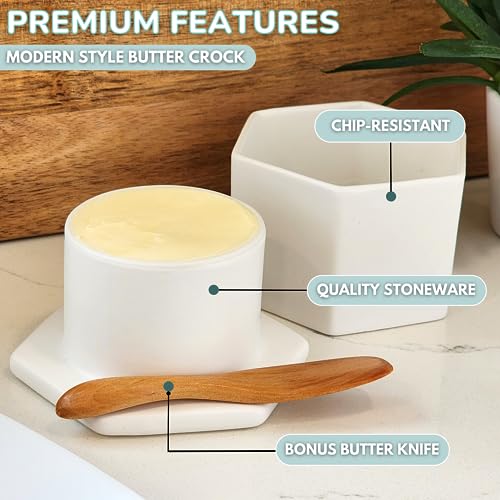 French Butter Crock w/Lid & Wood Spreading Knife - White Modern Butter Keeper for Counter - Modern Hexagon Shape Butter Dish - Stoneware Butter Crock - Dishwasher Safe Butter Storage