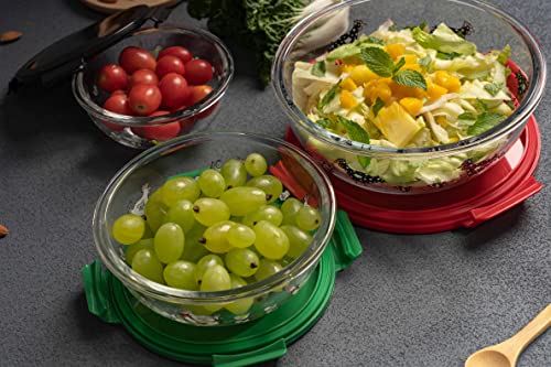 GENICOOK Borosilicate Glass Meal and Food Storage Container, Round Shape, 6 pc Set (3 Containers - 3 Lids), Farm-style Rooster Design