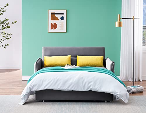 ERYE Modern Upholstered Futon Sofa Convertible Sleeper Couch Bed,Soft Loveseat & Sofabed for Home Office Apartment Small Space Living Room Napping Love Seats, Gray 2 Pillows Side Pockets Twin
