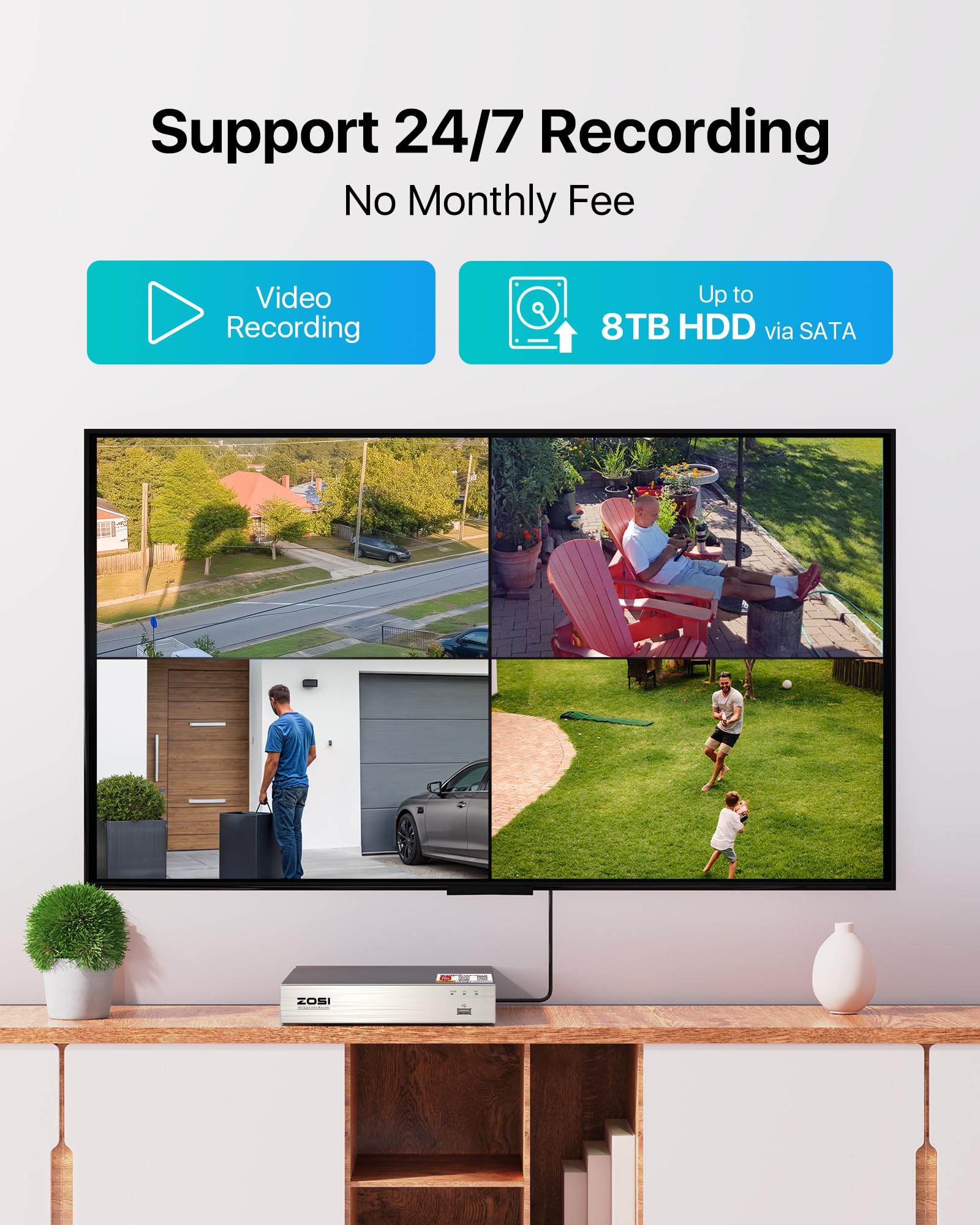 ZOSI H.265+ Home Security Camera System Outdoor Indoor, 8 Channel 5MP-Lite CCTV DVR Recorder and 4pcs Weatherproof Surveillance Bullet Camera,Night Vision,Remote Access,Motion Alerts (No HDD)