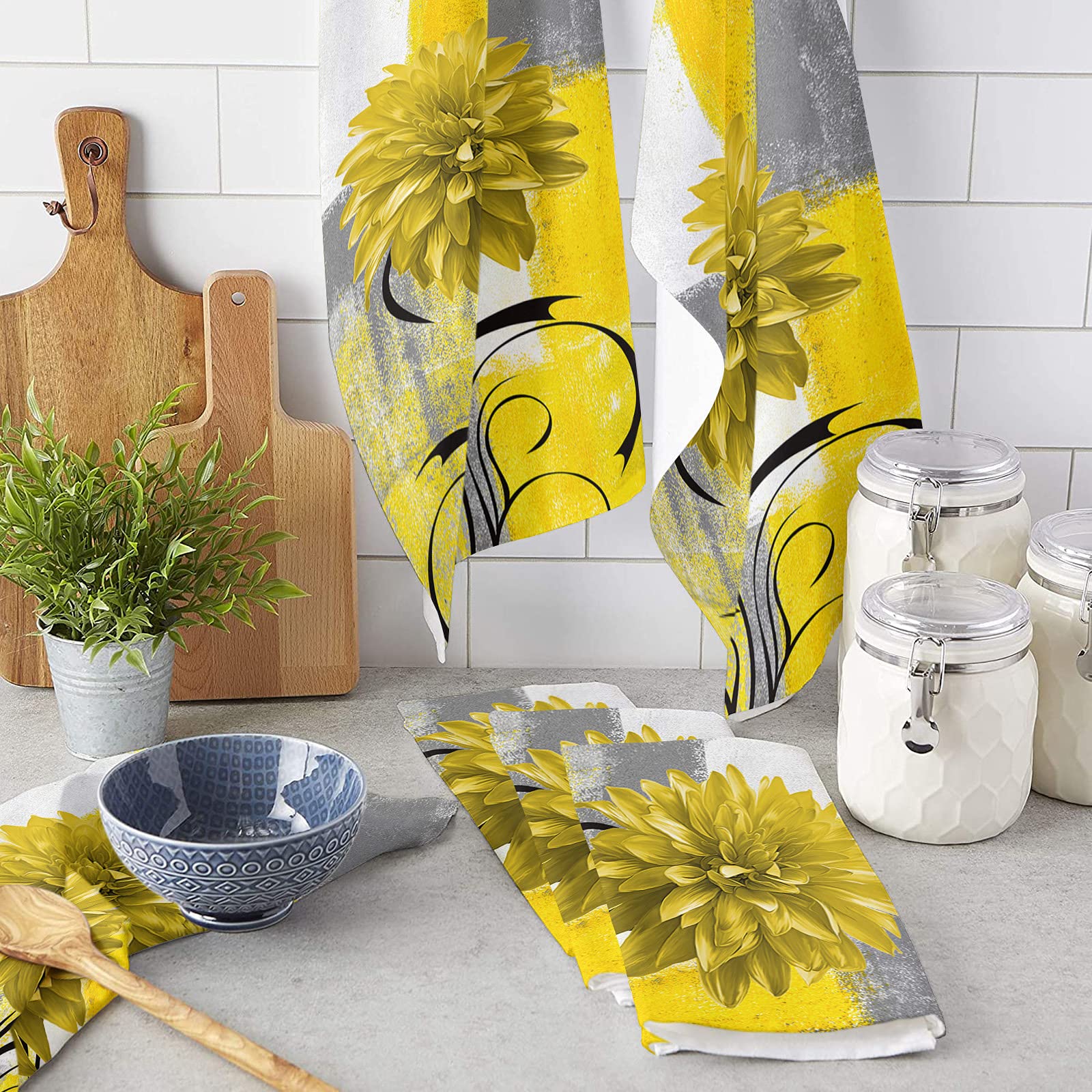 Chic Decor Home Kitchen Towels Yellow Dahlia Flowers Tea Towel Microfiber Absorbent Washable Floral Abstract Gray White Hand Dish Cleaning Cloth for Kitchen Bathroom, 18 x 28 Inch, Dahlia4050, 2-PACK