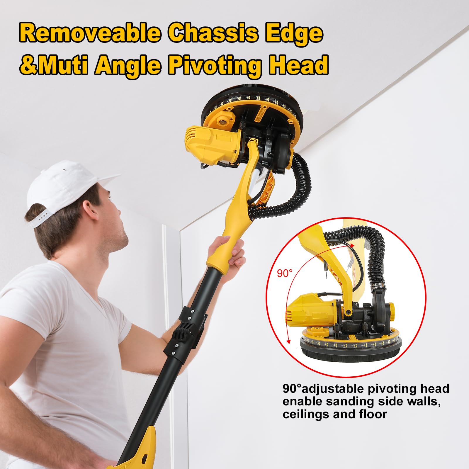 Drywall Sander,950W Electric Drywall Sander with Vacuum, Popcorn Ceiling Removal Tool with Variable Speed 800-2100RPM,Floor Sander with Foldable Handle, 16 Sanding Discs,Pure-Copper Motor (Yellow)