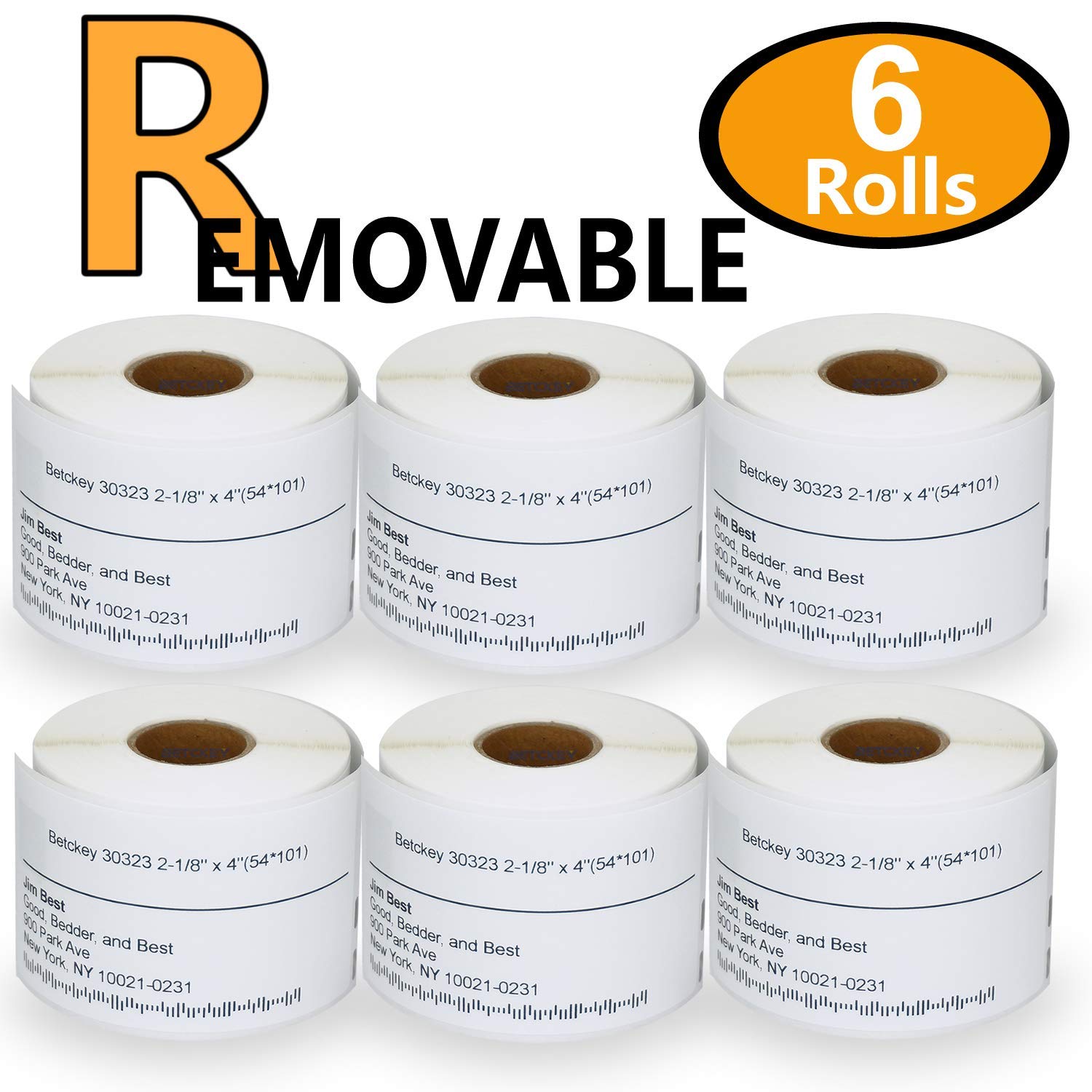 BETCKEY - Compatible DYMO 30323 (2-1/8" x 4" Removable) Shipping Labels - Compatible with Rollo, DYMO Labelwriter 450, 4XL & Zebra Desktop Printers[6 Rolls/1440 Labels]