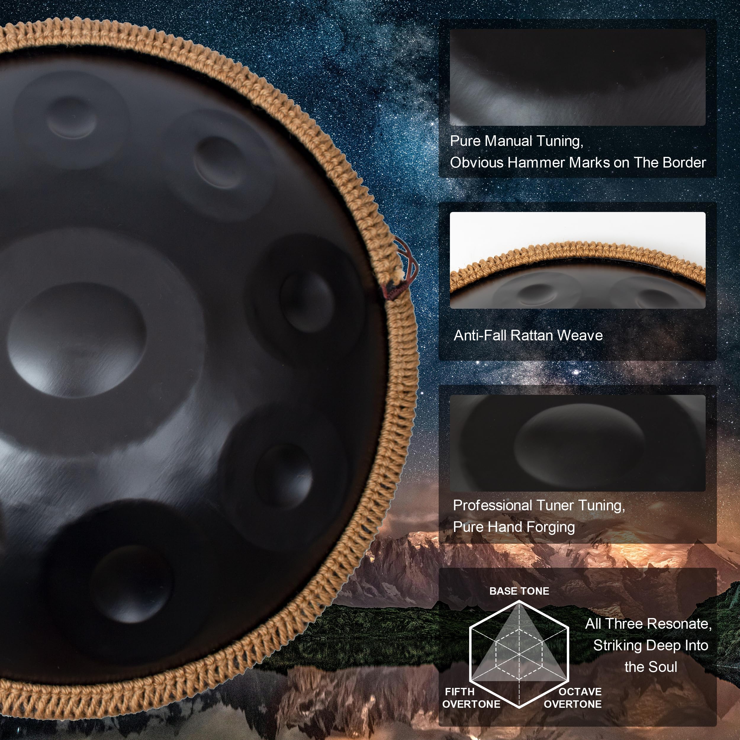 LOMUTY Handpan 22 inch D Minor Kurd Handpan 9 Notes Handpan Drum Instrument for Professional Performance, 440HZ Sound Handpan Drums for Adults (Black)