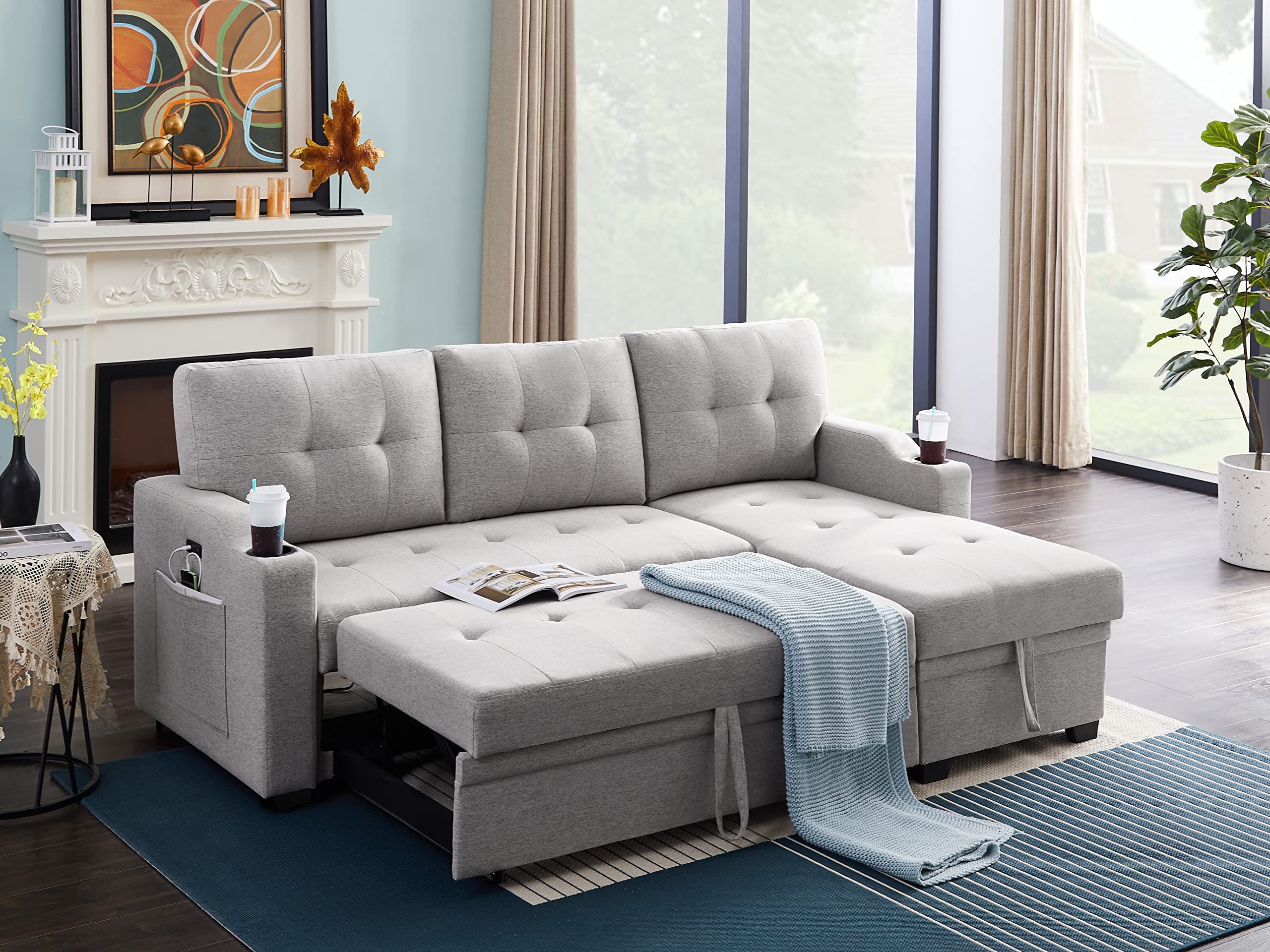 Lilola Home Mabel Light Gray Linen Fabric Sleeper Sectional with cupholder, USB Charging Port and Pocket