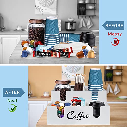 Disposable Coffee Cup Dispenser Lid Holder for Counter, Wood 6 Compartments Coffee Station Organizer for Cup Lid Sleeve Pods Condiment, Paper Cup Dispenser Coffee Bar Accessories Storage Organizer