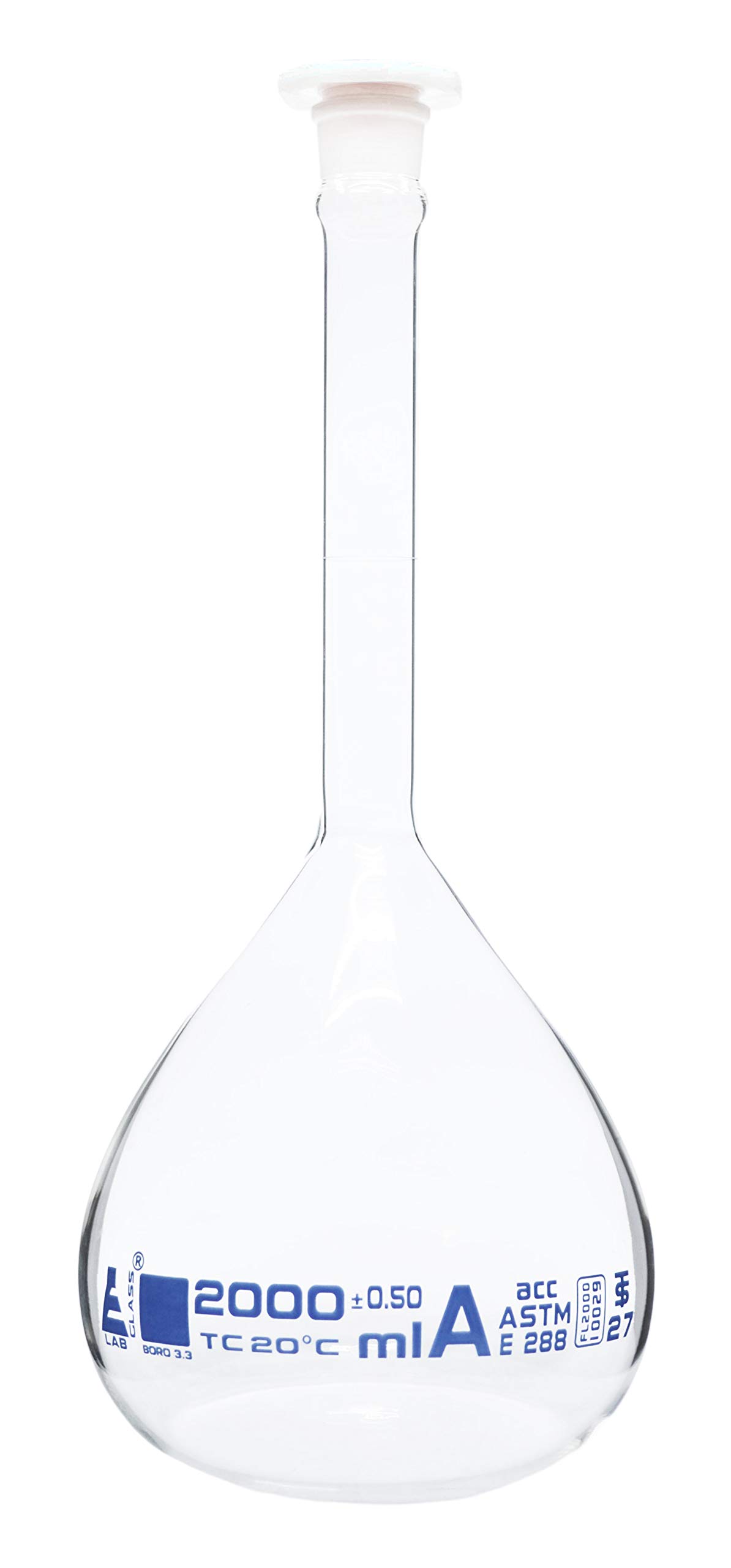 EISCO Volumetric Flask, 2000ml - ASTM, Class A - Polypropylene Stopper - Borosilicate 3.3 Glass