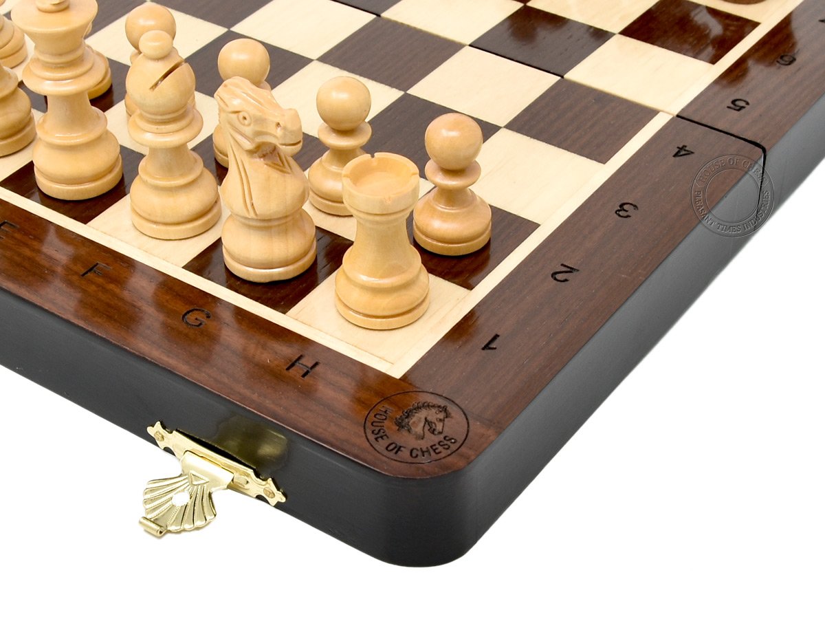 House of Chess - 10 Inch Wooden Magnetic Folding Travel Chess Set/Board with 2 Extra Knights, 2 Extra Pawns, 2 Extra Queens and Algebraic Notation - Handmade - Premium Quality