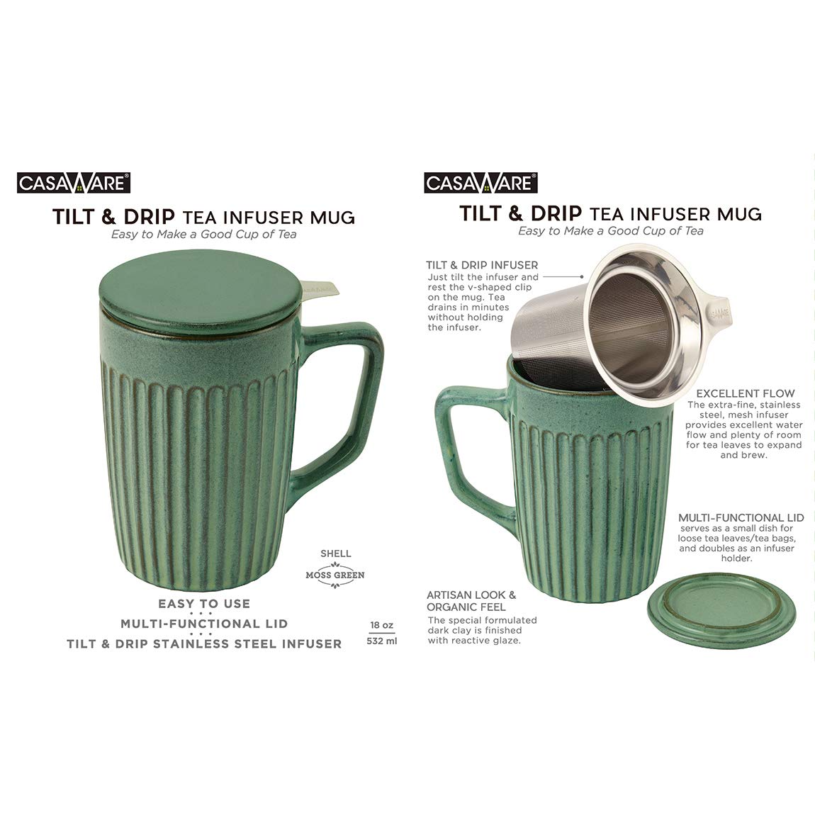 casaWare Shell 18-Ounce Tilt & Drip Tea Infuser Mug (Moss Green)