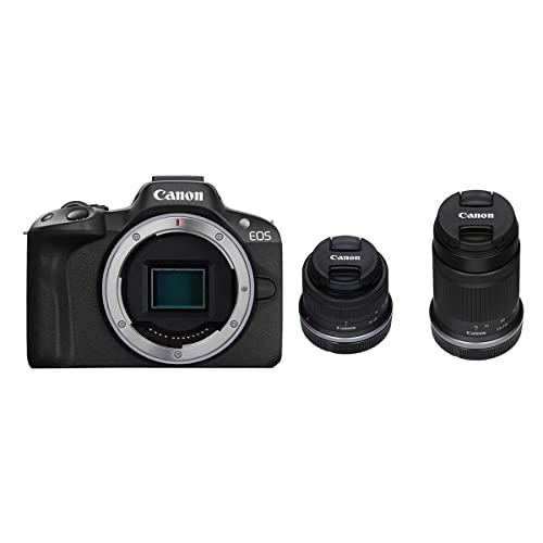 Canon EOS R50 Camera, Black with RF-S 18-45mm f/4.5-6.3, RF-S 55-210mm f/5-7.1 Lens, 32GB SD Card, Shoulder Bag, 55mm and 49mm Filter Kit, Cleaning Kit