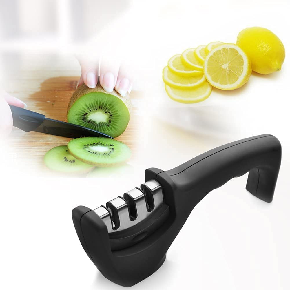 Bectim Knife Sharpener Kitchen Knife Sharpening with 3 Stages: Emery, Wolfram Steel, Ceramic Notch for Sharpening Straight Blades from Blunt to Razor Sharp (Black)
