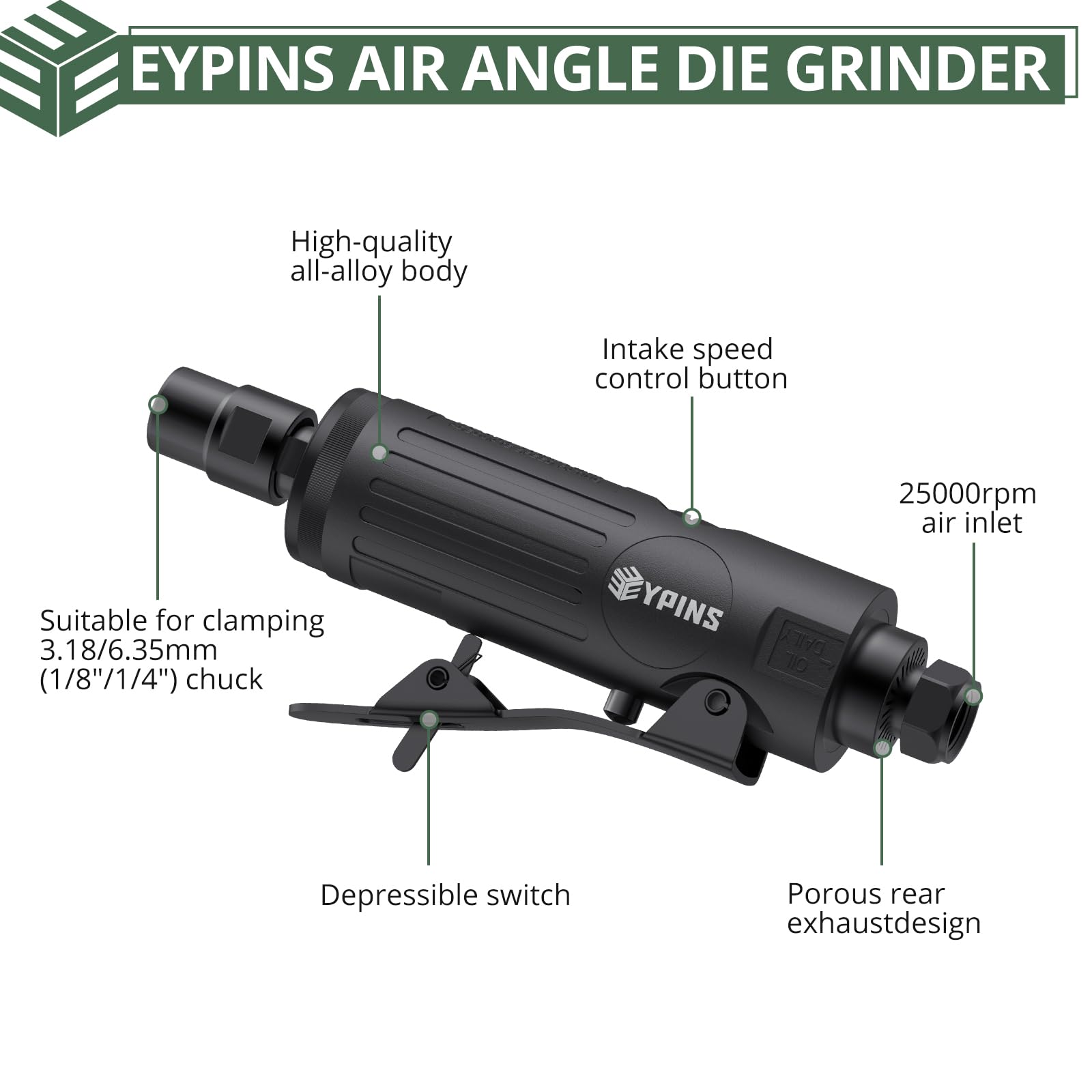 EYPINS Air Straight Die Grinder,1/4" Pneumatic Angle Die Grinder,25000 RPM,Heavy Duty Compressed Sander Polisher for Contour Grinding, Cutting, Polishing, Weld Repair,Deburring